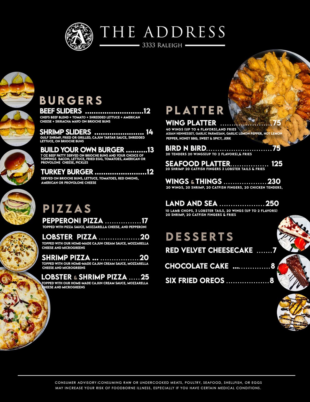 Menu | The Address - Houston, Midtown, Medical Center & Pearland, TX
